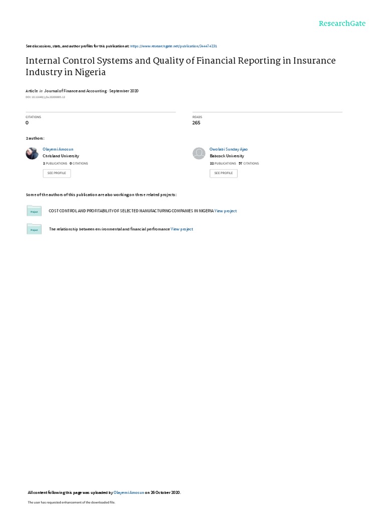 Internal Control Systems and Quality of Financial Reporting in ...