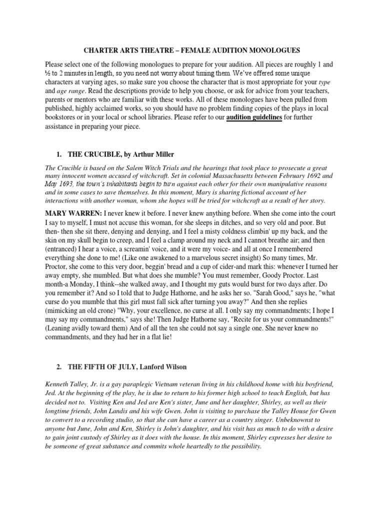 Female Audition Monologues 2014 15 | PDF