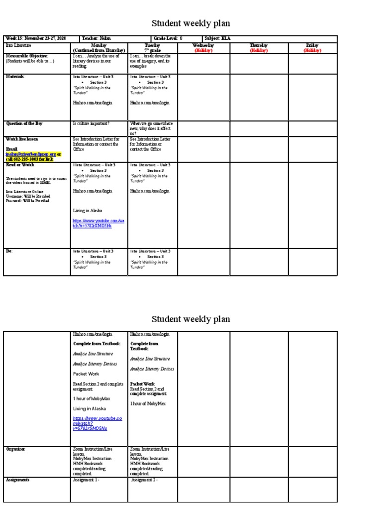 Student Weekly Plan: "Spirit Walking in The Tundra" "Spirit Walking in ...