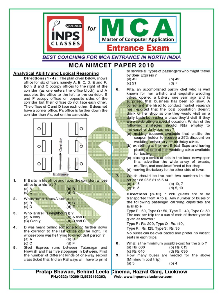 Mca Nimcet Paper 2010: Analytical Ability and Logical Reasoning | PDF ...