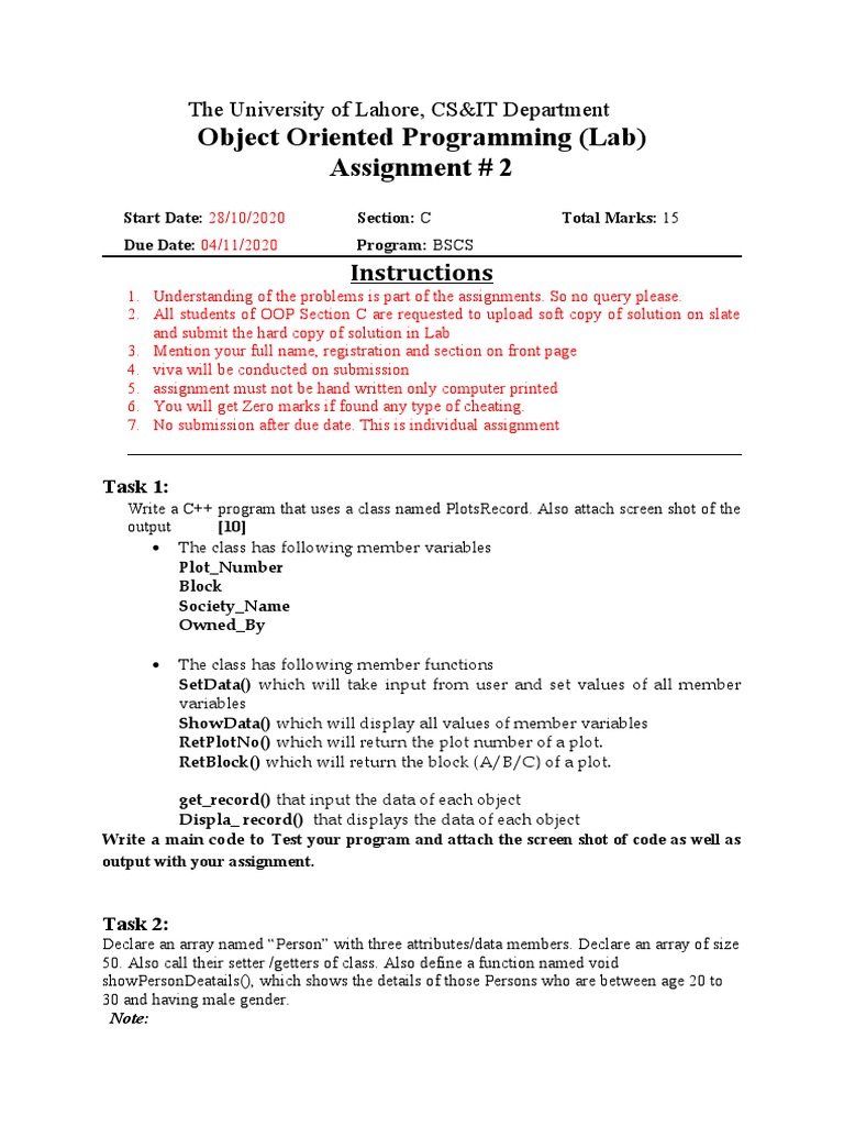 Object Oriented Programming Lab Assignment 2 Instructions Pdf 0510