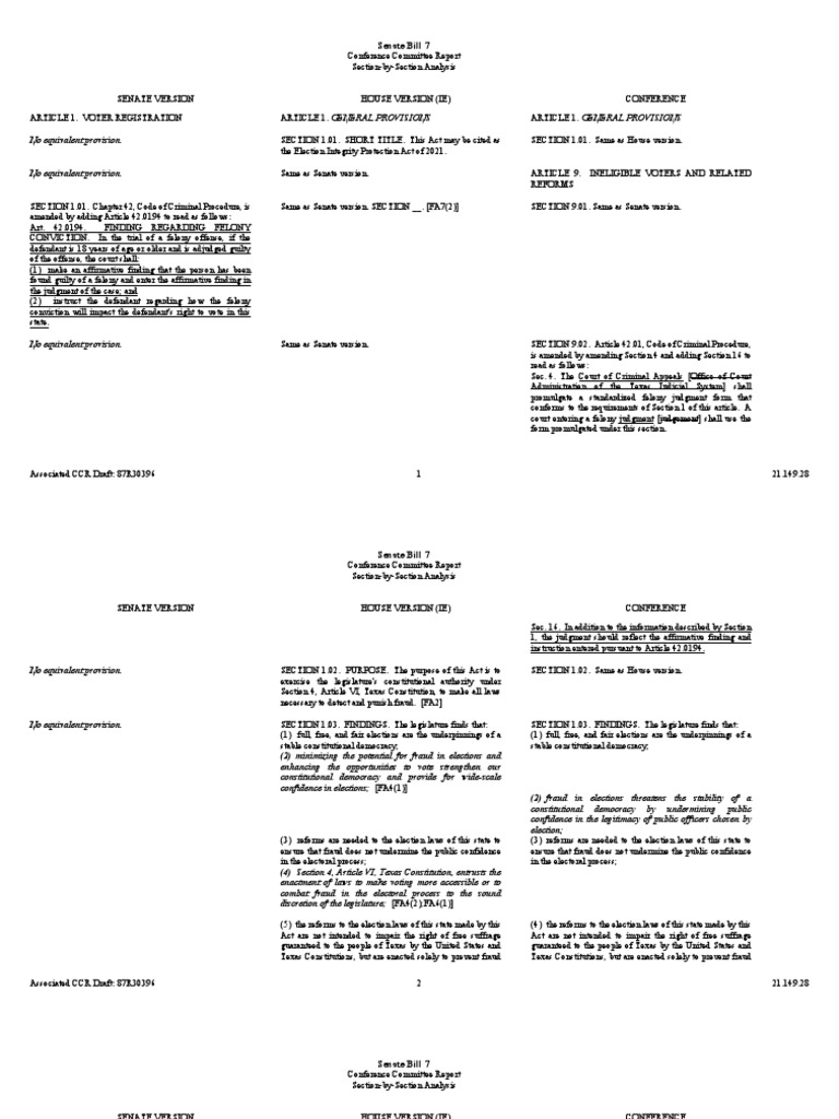 Senate Bill 7 Section-By-Section Analysis | PDF | Postal Voting | Elections