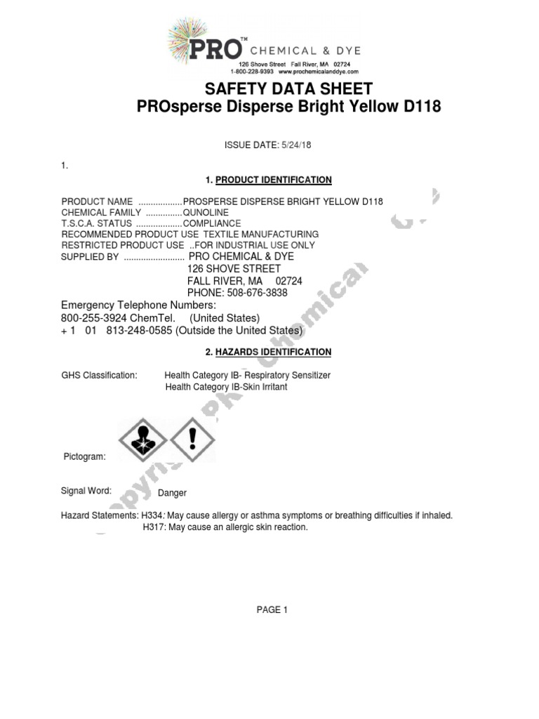 Prosperse Disperse Dyes Sds d118 Bright Yellow | PDF | Personal Protective Equipment | Firefighting