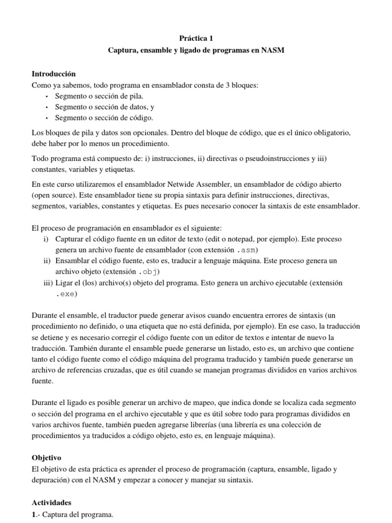 Practica1 Nasm | PDF | Lenguaje ensamblador | Programa de computadora