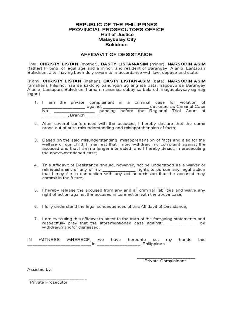 Affidavit of Desistance - Sample | PDF | Affidavit | Prosecutor