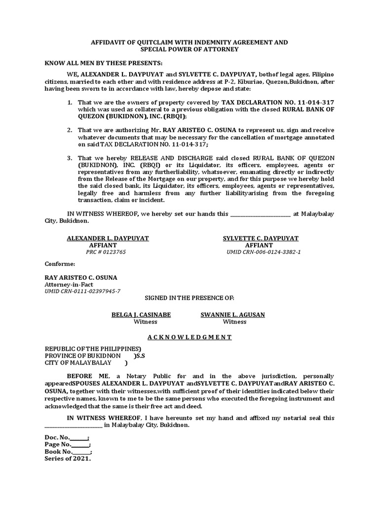 Affidavit of Quitclaim With Indemnity Agreement With SPA | PDF ...