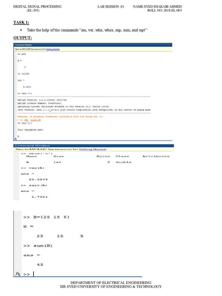 Take The Help of The Commands "Sin, Ver, Who, Whos, Exp, Sum, and SQRT ...