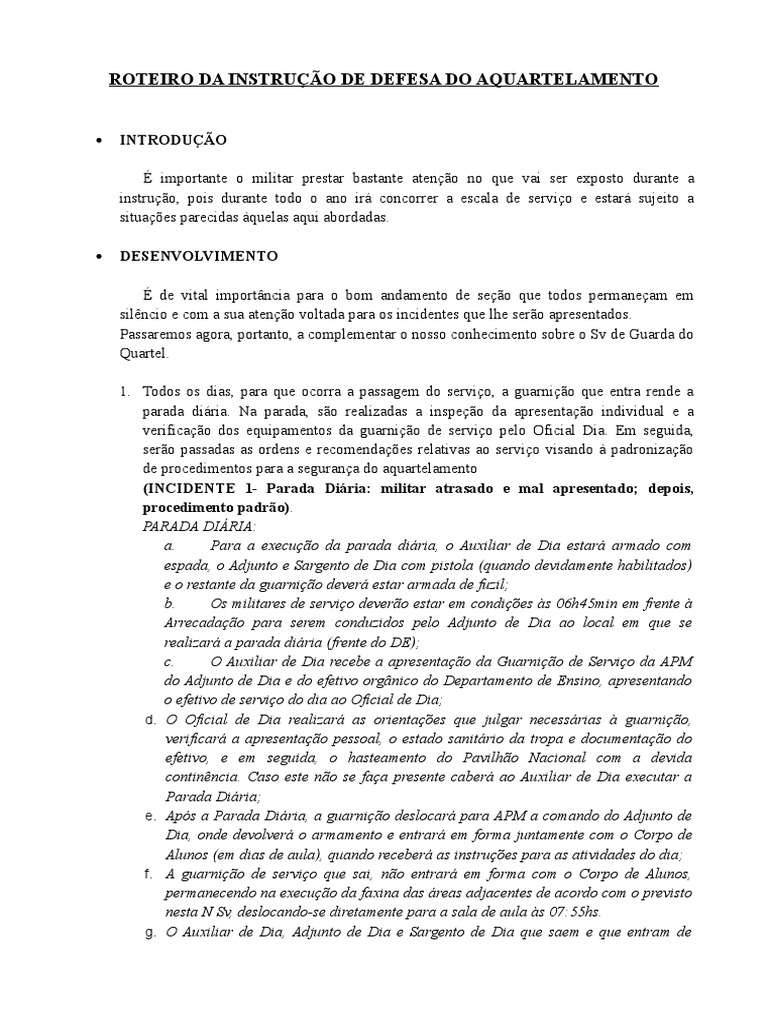 Roteiro da instrução de defesa do aquartelamento | PDF | Senha | Militar