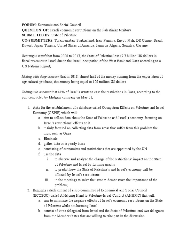 Resolution Example MUN | PDF | Palestinian Territories | State Of Palestine
