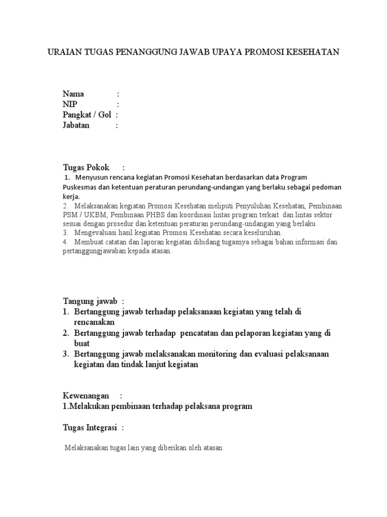 Uraian Tugas Penanggung Jawab Upaya Promosi Kesehatan | PDF | Pengembangan Diri