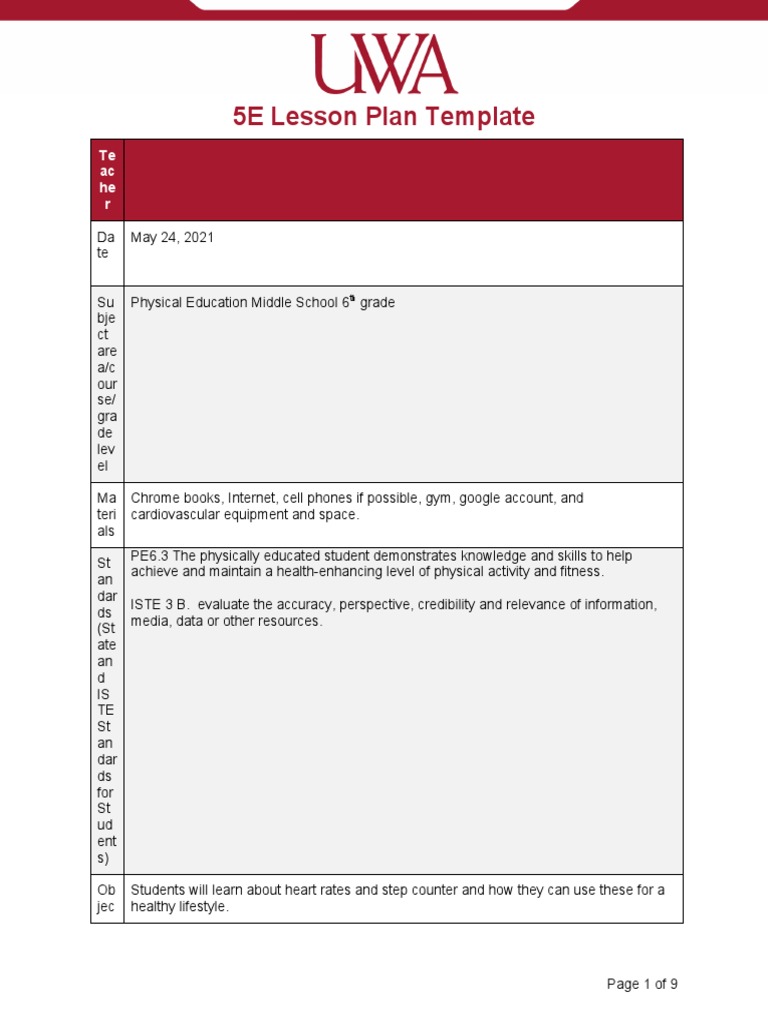 5E Lesson Plan | PDF | Physical Education | Heart Rate