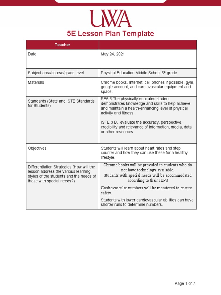 5E Lesson Plan | PDF | Lesson Plan | Physical Education
