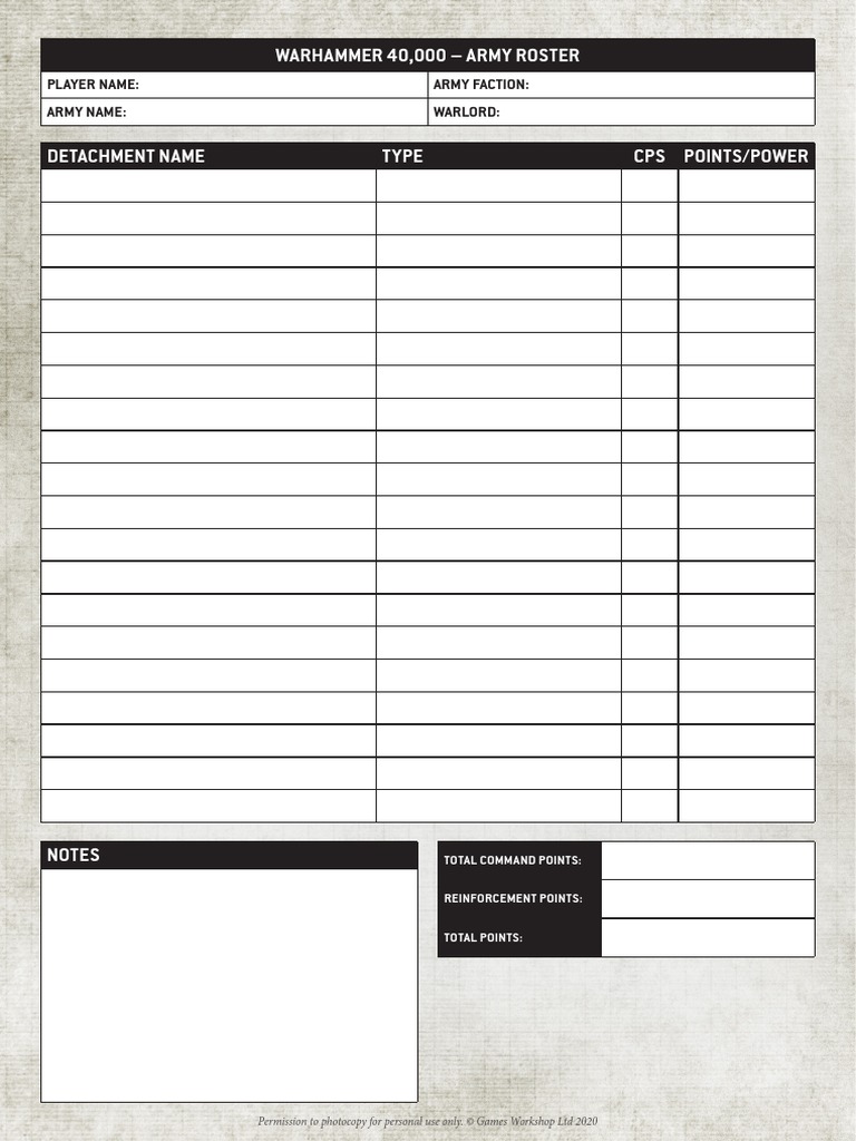 Warhammer 40K 9th Edition - Blank Army Roster | PDF