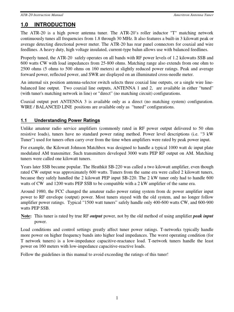 ATR-20 Antenna Tuner Manual | PDF | Antenna (Radio) | Coaxial Cable