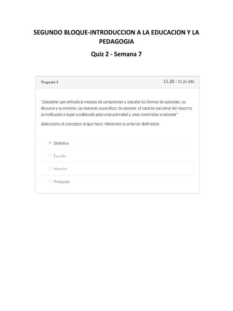 Examen Segundo Bloque-Introduccion A La Educacion y La Pedagogia Quiz 2 Semana 7 | PDF