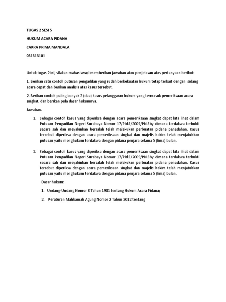 Tugas 2 Sesi 5 HUKUM ACARA PIDANA AKRA 031313101 | PDF | Ilmu Sosial | Hukum