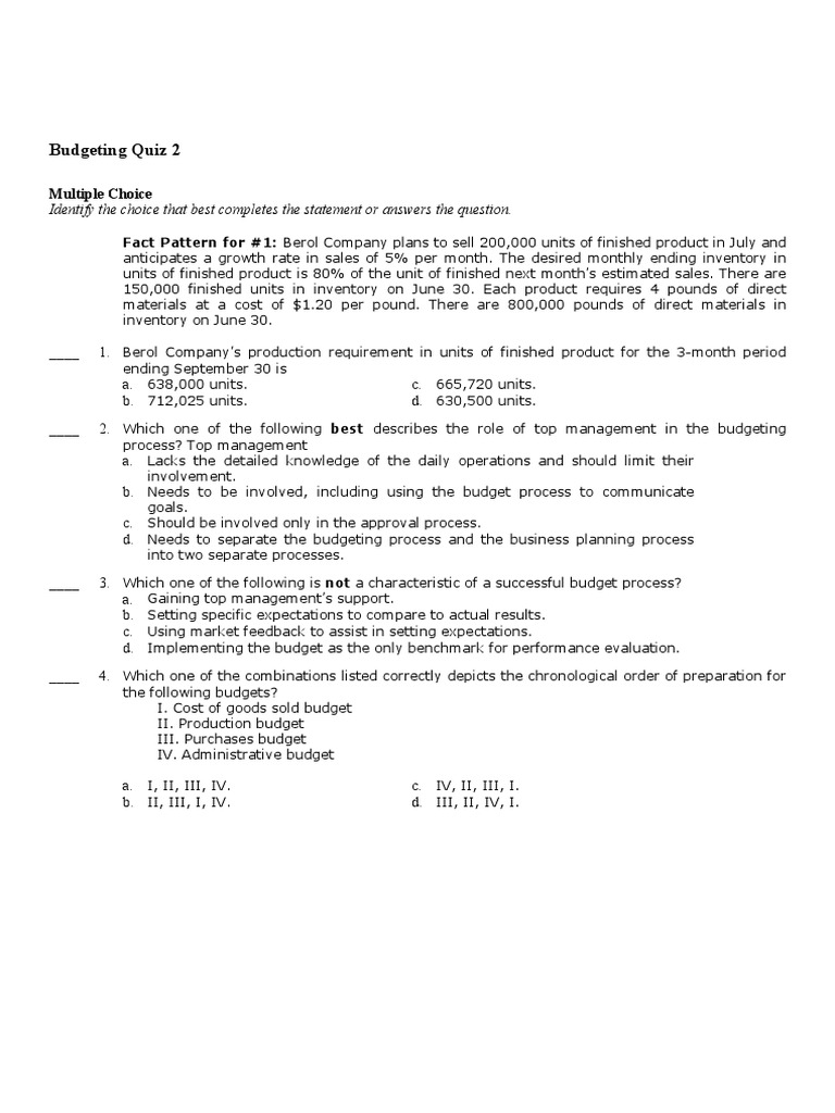 Budgeting Quiz 2: Multiple Choice Identify The Choice That Best ...