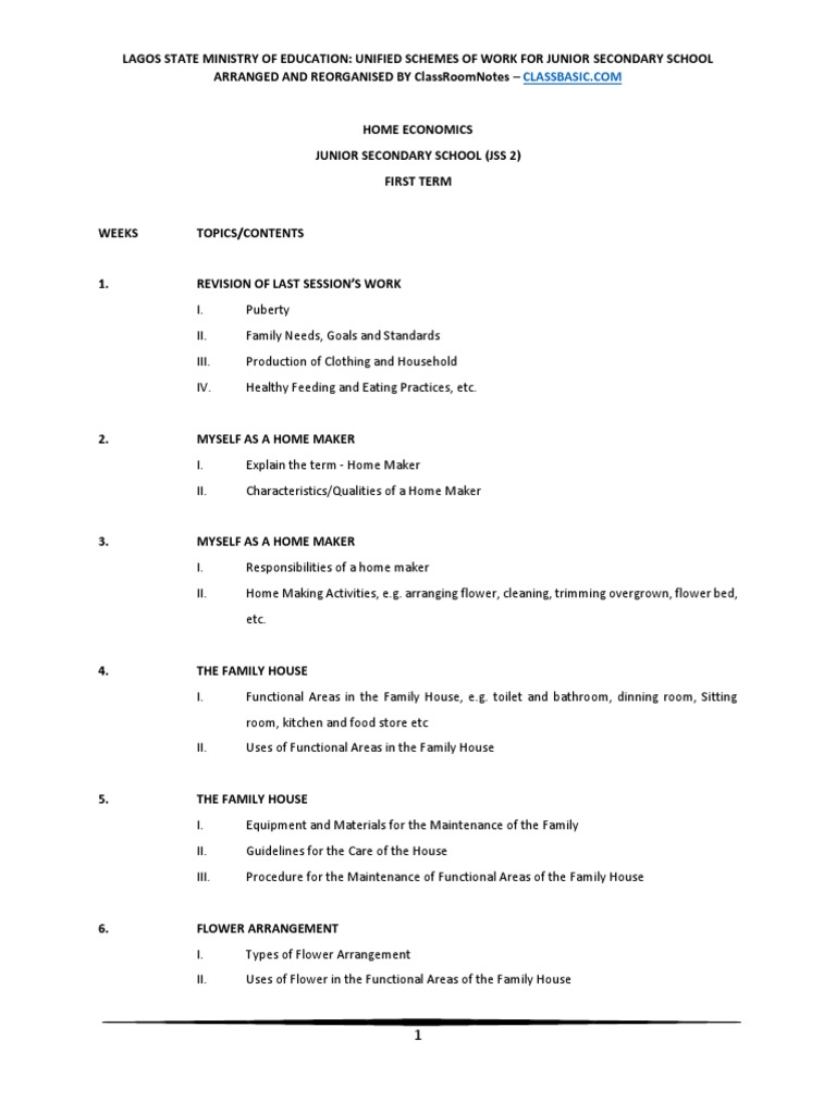 Home Economics Scheme of Work For Junior Secondary Schools JSS 2 | PDF ...