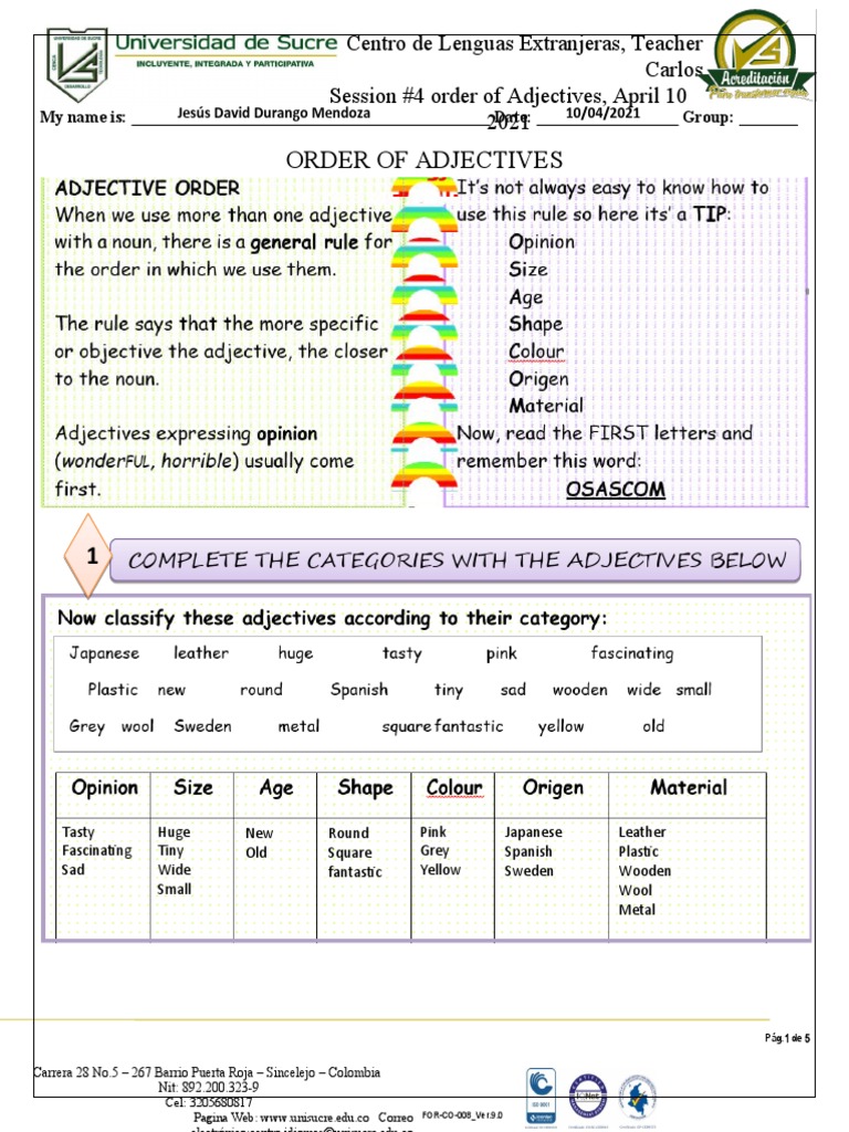 Workshop Order of Adjectives 10 April Session # 3 | PDF | Adjective ...