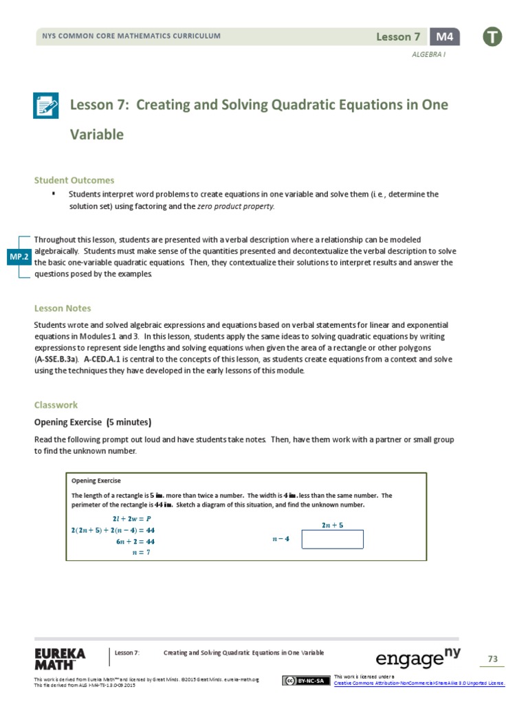 Lesson 7: Creating and Solving Quadratic Equations in One Variable ...