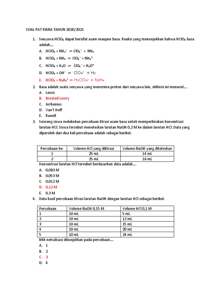 Soal Pat Kimia Tahun 2020 Kelas Xi | PDF