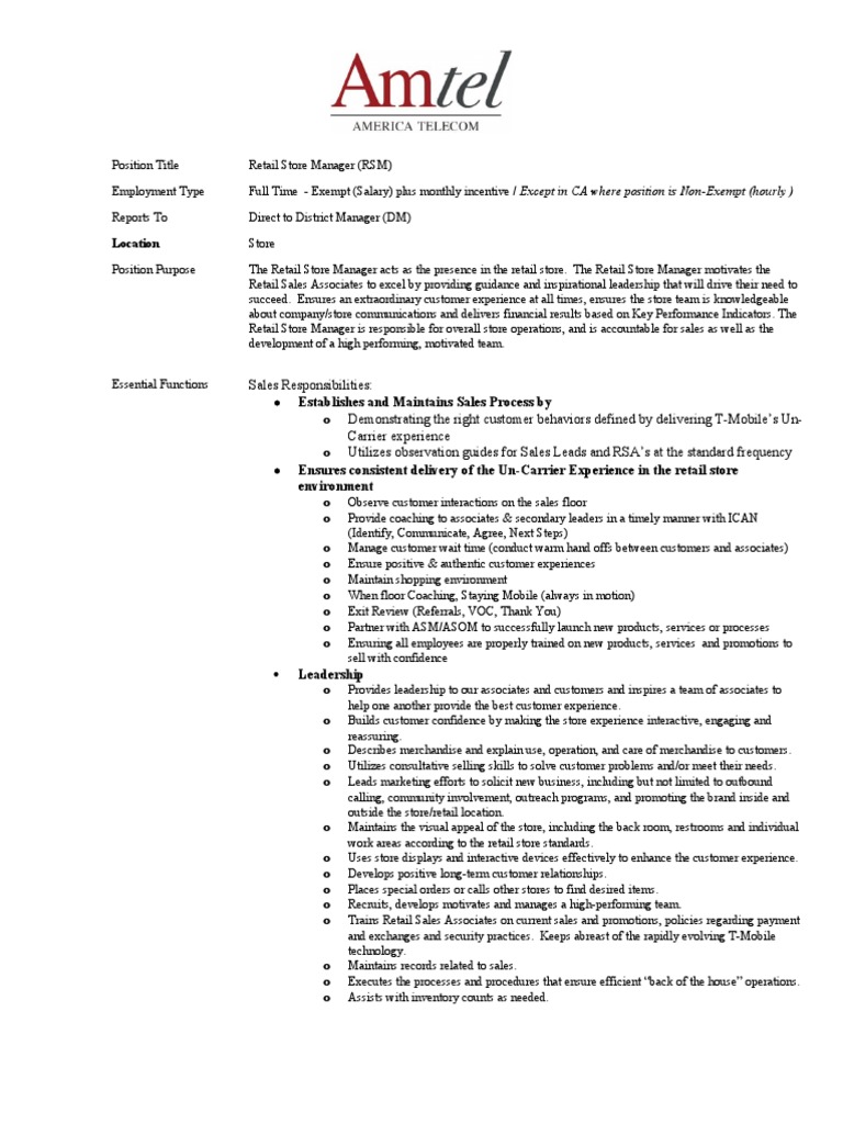 Retail Store Manager Job Description | PDF | Retail | Customer Experience