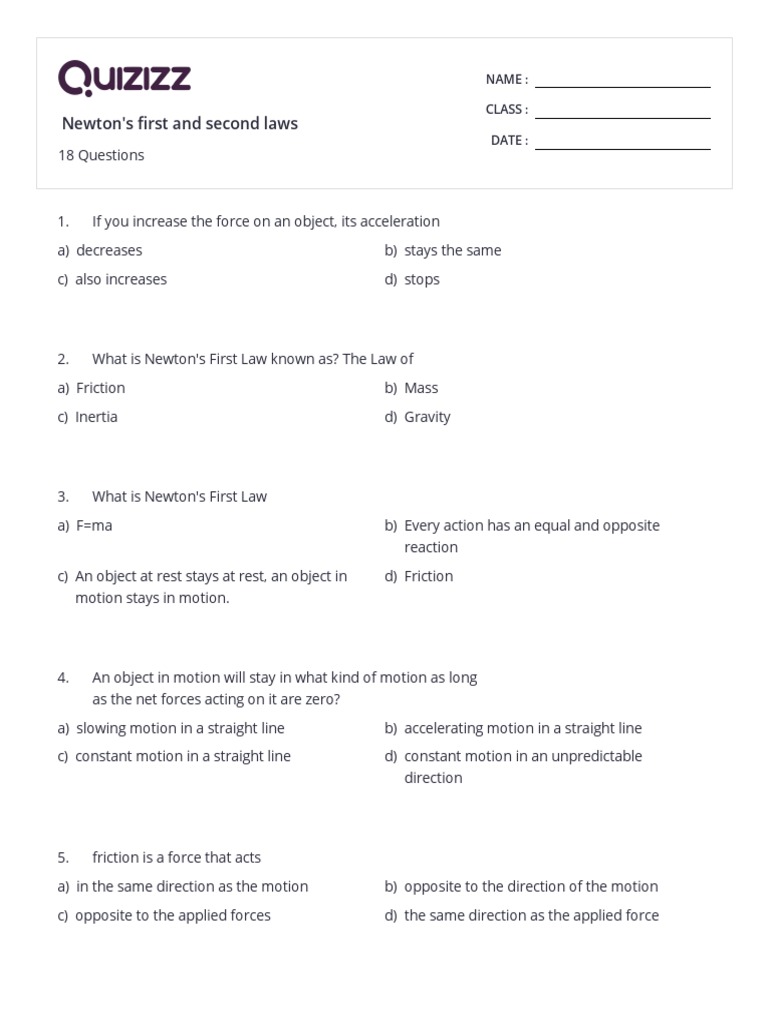 Newton's First and Second Laws - Print - Quizizz | PDF | Newton's Laws ...