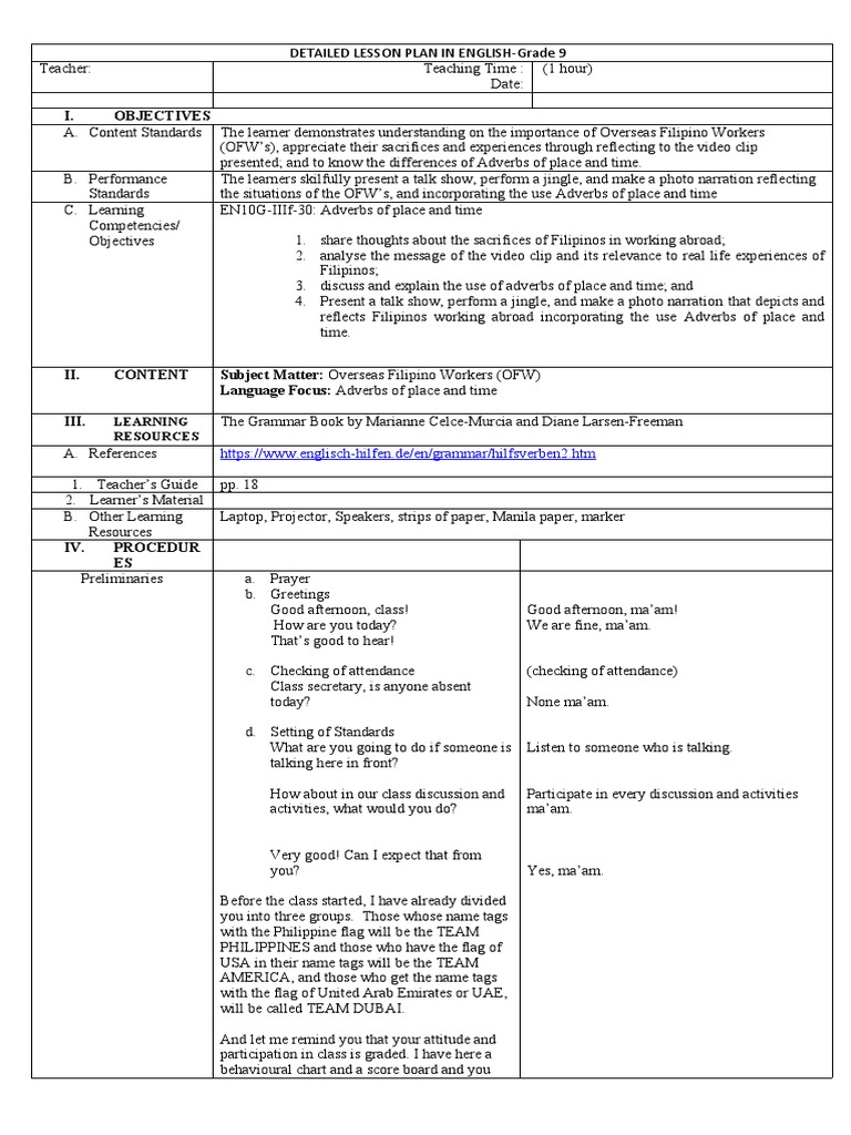 Lesson Plan English Grade 9 | PDF | Adverb | Syntax