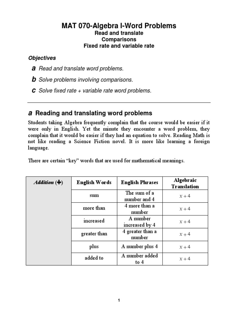 MAT 070 Algebra I Word Problems | PDF | Numbers | Equations