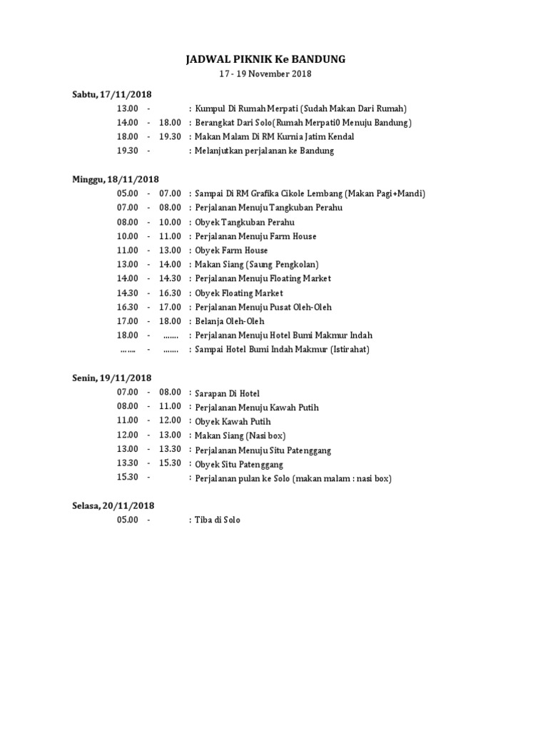 Rundown Piknik ke Bandung 2018 | PDF | Memasak, Makanan, & Anggur ...