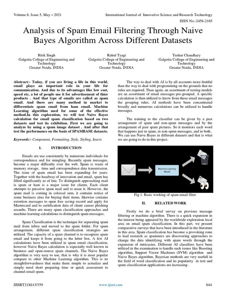 Analysis Of Spam Email Filtering Through Naive Bayes Algorithm Across Different Datasets Pdf