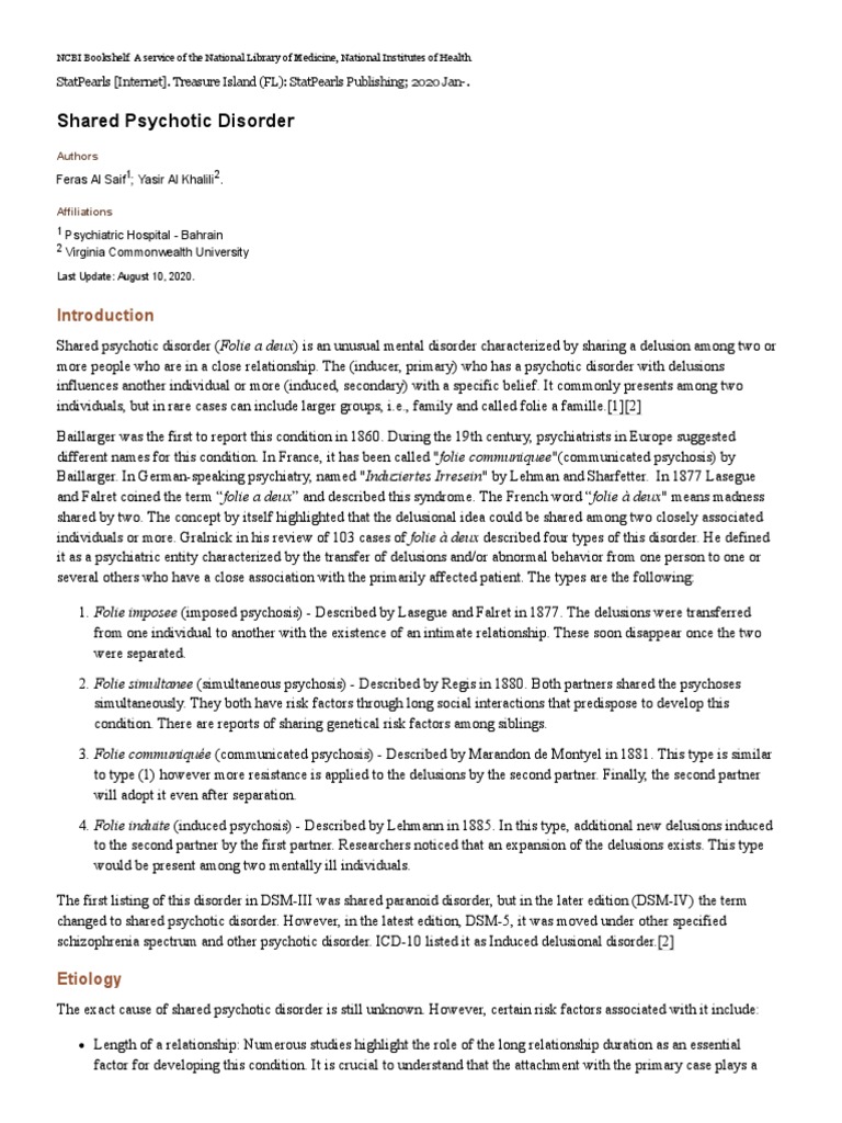 Shared Psychotic Disorder - NCBI | PDF | Delusion | Mental Disorder