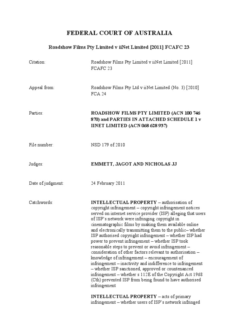 Roadshow Films Pty Limited V Iinet Limited (2011) FCAFC 23 (24 February ...