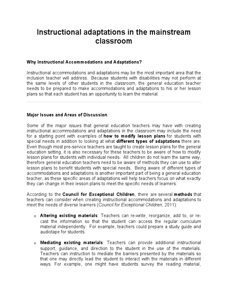 Instructional Adaptations in Mainstream Classroom | PDF | Lesson Plan ...