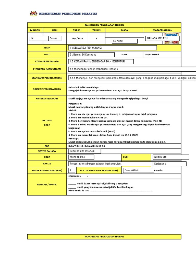 RPH BM THN 1 Unit 3 | PDF | Karier & Perkembangan