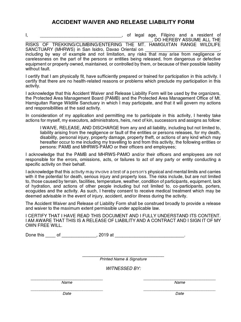 Accident Waiver and Release Form | PDF | Consent | Common Law