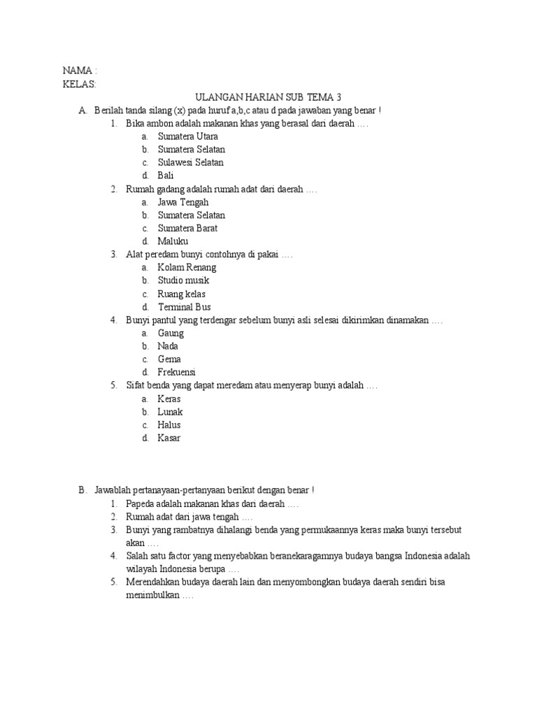 Ulangan Harian Tema 1 Sub Tema 3 | PDF | Kajian Bahasa Asing | Seni