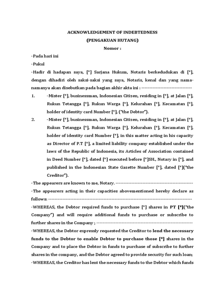 DEED OF ACKNOWLEDGEMENT OF INDEBTEDNESS (PENGAKUAN HUTANG) - English ...