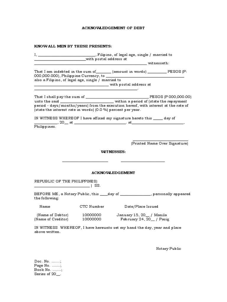 Acknowledgement of Debt Template | PDF | Social Science | Law