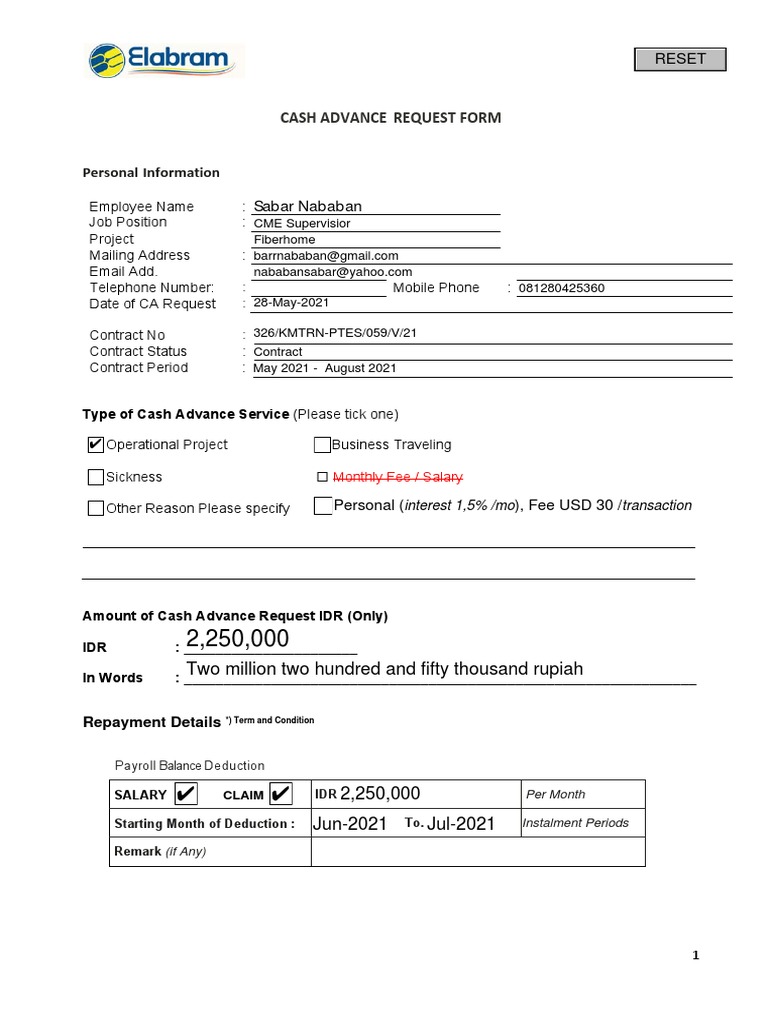 Cash Advance Request Form Template | PDF | Indonesian Rupiah | Banking