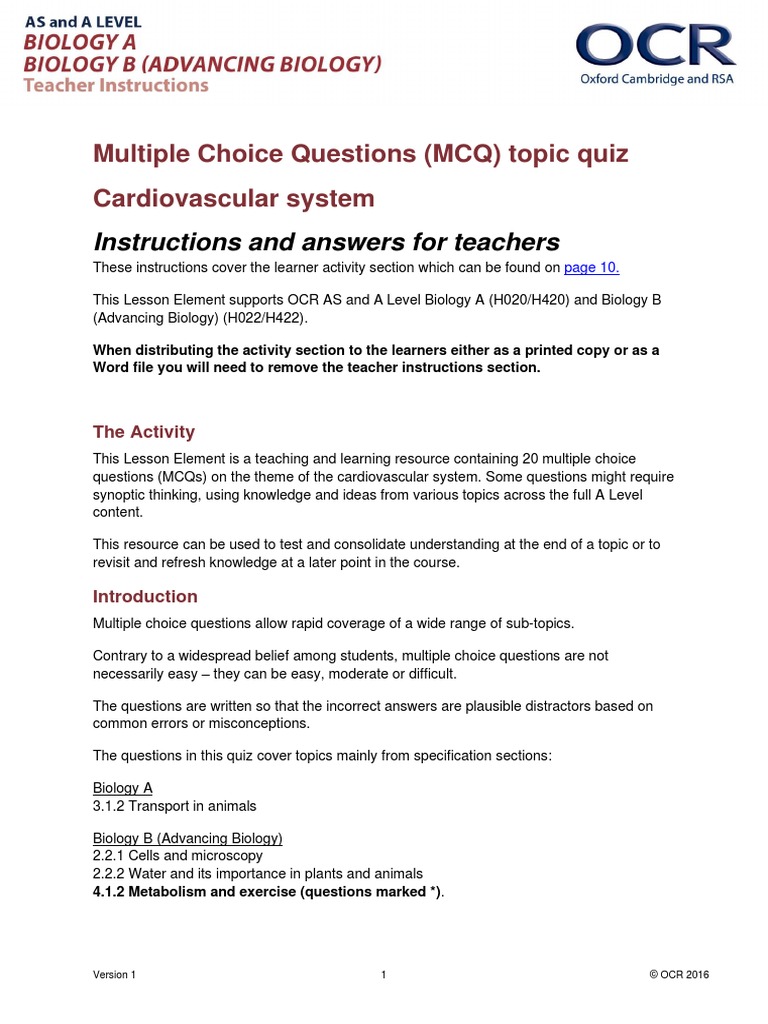 Multiple Choice Questions (MCQ) Topic Quiz Cardiovascular System | PDF ...