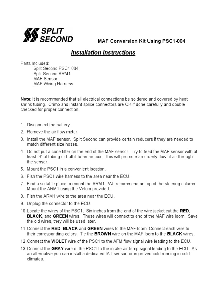 Installation Instructions: MAF Conversion Kit Using PSC1-004 | PDF ...