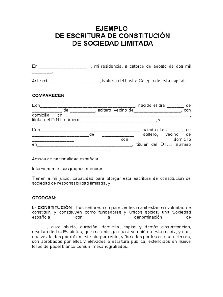 Ejemplo de Escritura Publica de Constitucion de Una Sociedad Limitada | PDF | Justicia | Crimen ...