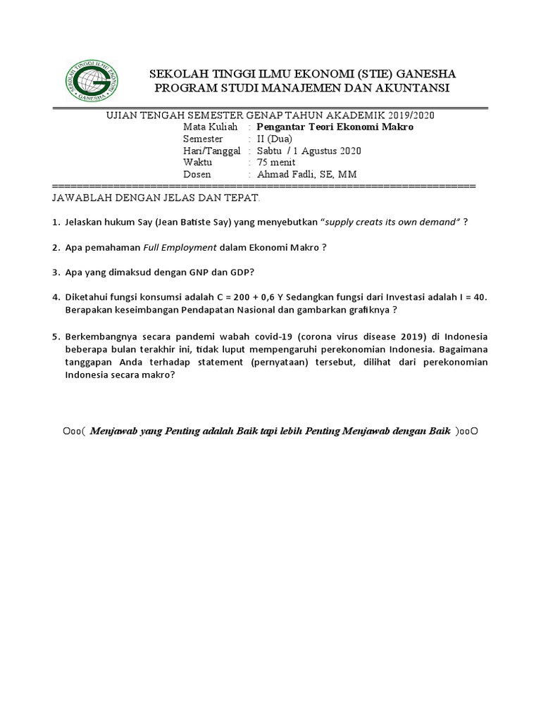 Soal UTS Ekonomi Makro | PDF