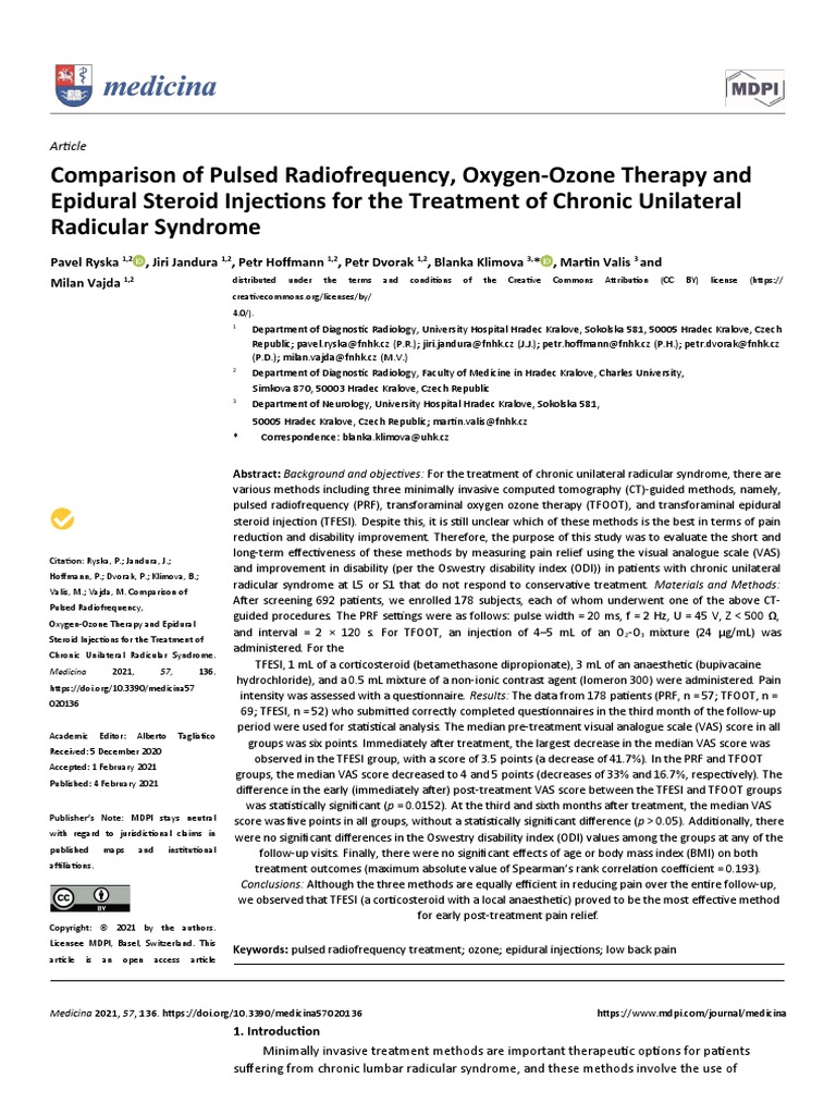 Comparison of Pulsed Radiofrequency, Oxygen-Ozone Therapy and Epidural Steroid Injections For ...