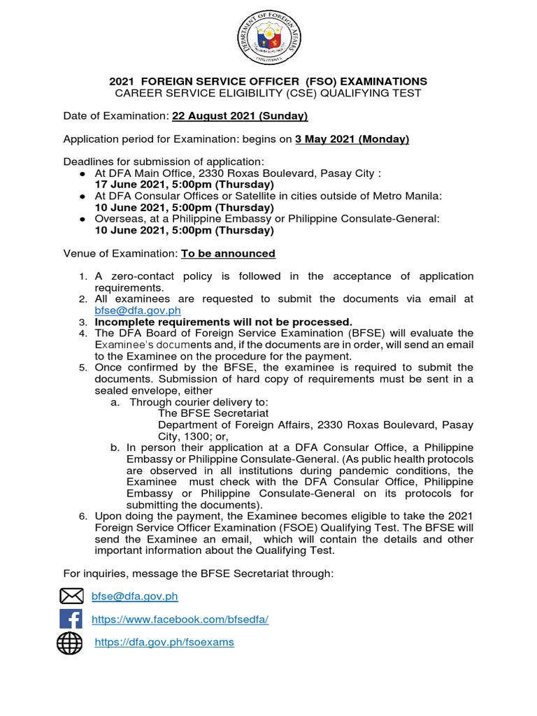 2021 Foreign Service Officer (Fso) Examinations: Bfse@dfa - Gov.ph ...