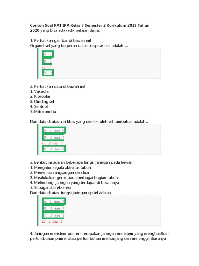 Contoh Soal PAT IPA Kelas 7 Semester 2 Kurikulum 2013 Tahun 2020 | PDF