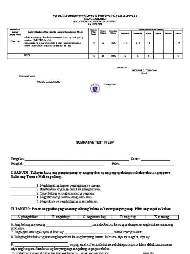 ESP3 2ND Summative Q1 | PDF
