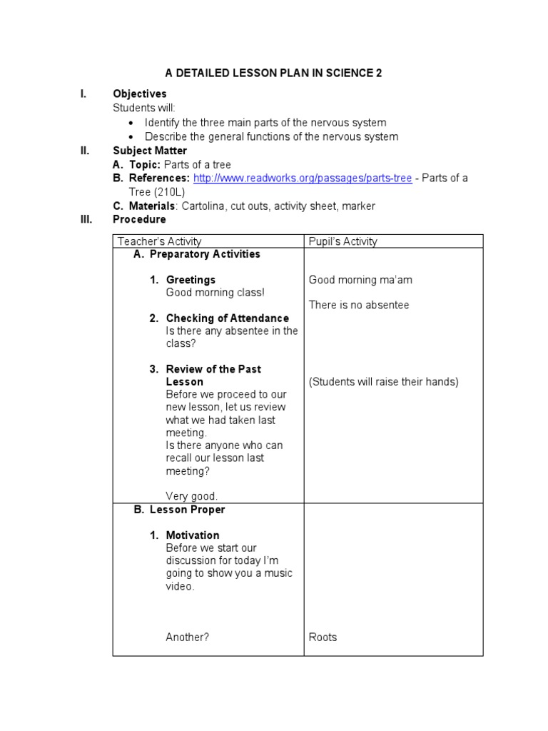 Grade 2 Science Lesson Plan: Nervous System | PDF | Trees | Lesson Plan