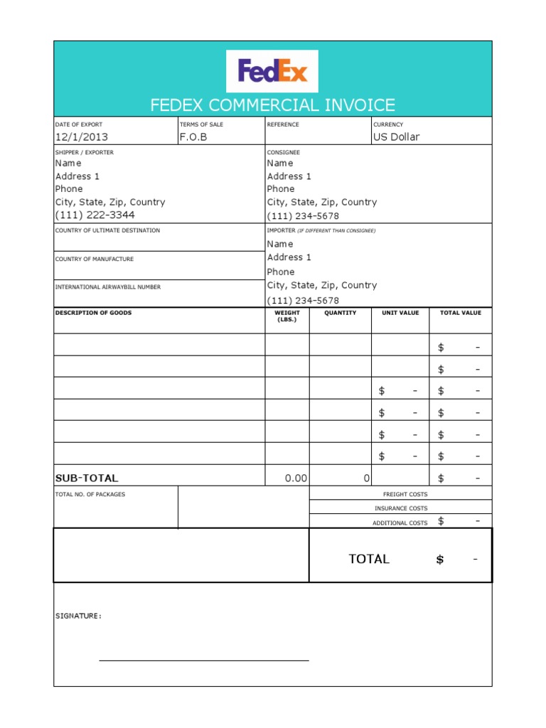 Fedex Commercial Invoice Template | PDF